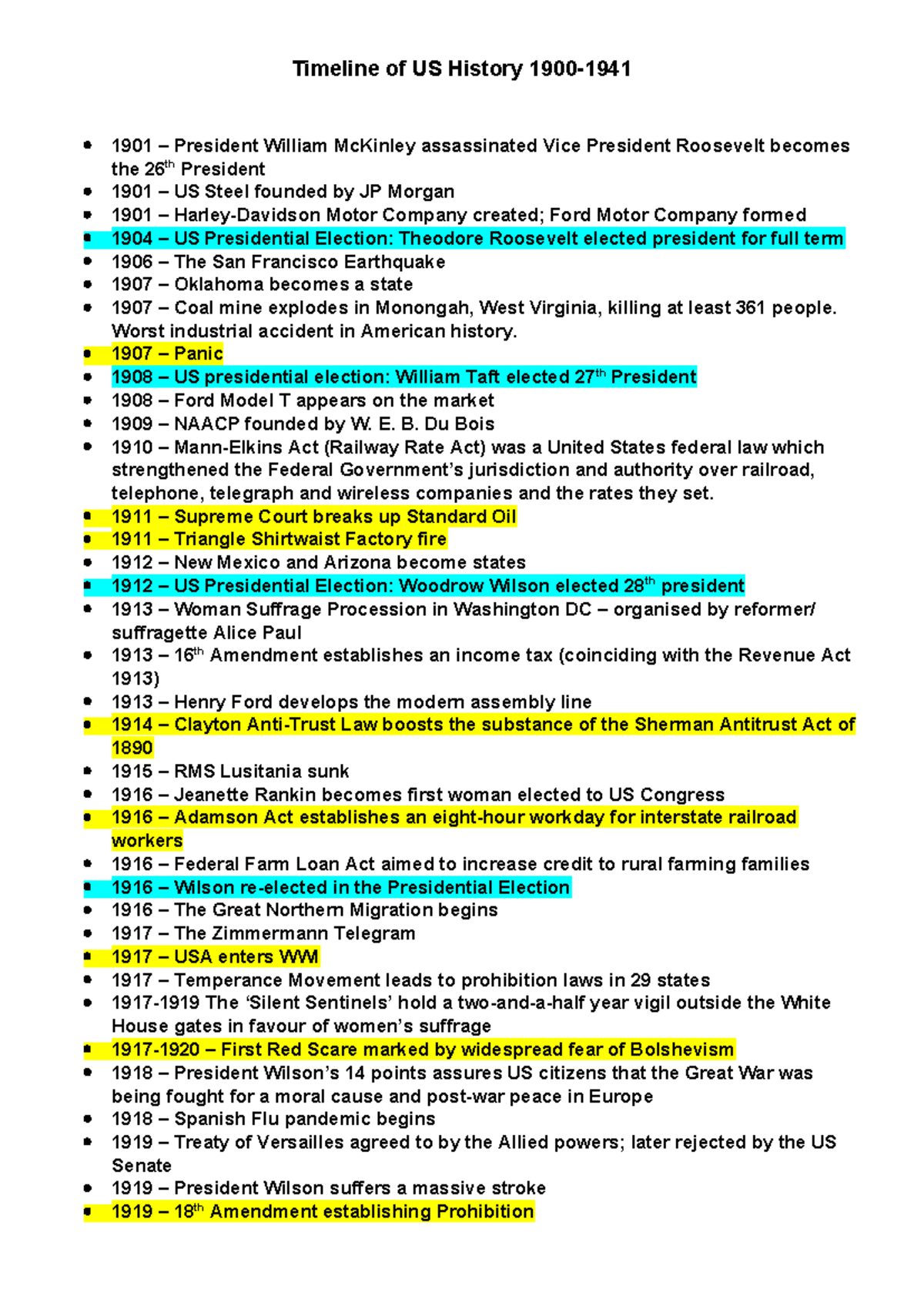 Timeline of US History 1900-1941: Key Events and Milestones - Studocu