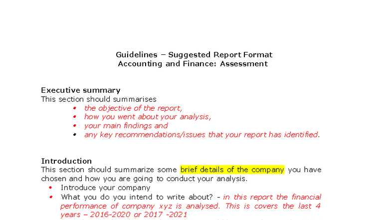 Guidelines for Accounting & Finance Report Format: Assessment - Studocu
