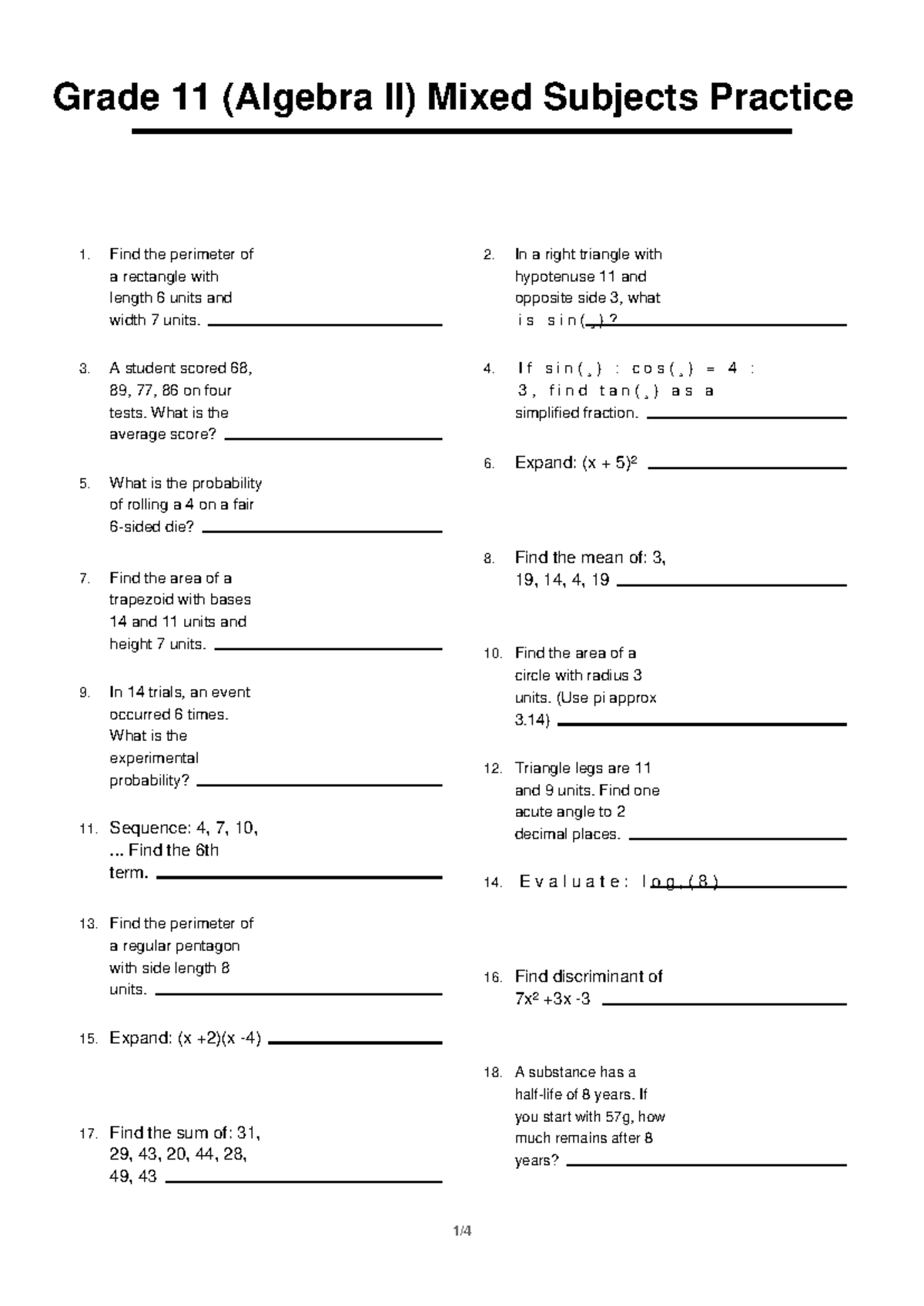 Grade 11 (Algebra II) Mixed Subjects Practice 4: Problem Set ...