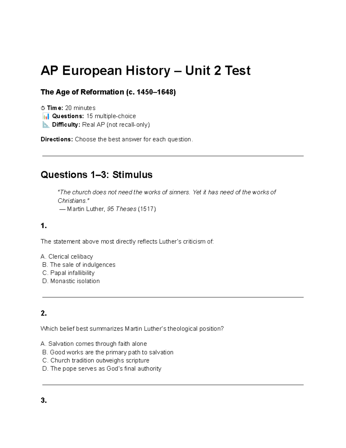 AP European History Unit 2 Test: The Age of Reformation MCQs - Studocu