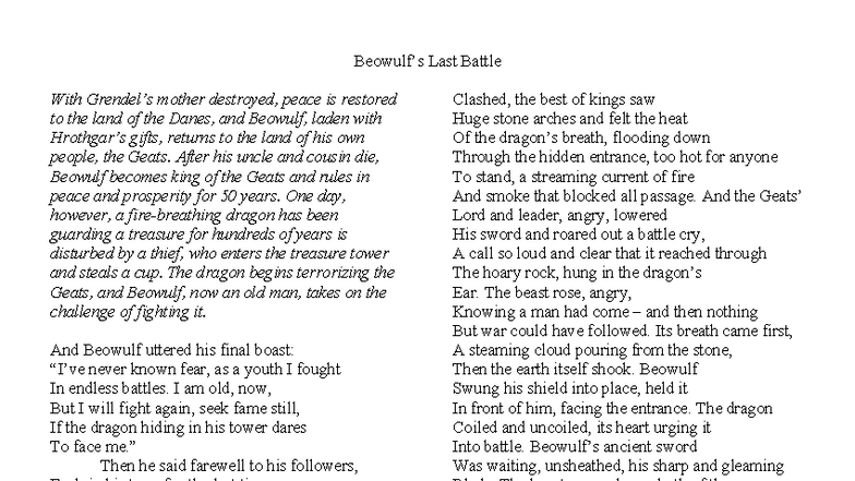 Beowulf: The Final Battle Against the Dragon - Analysis and Summary ...