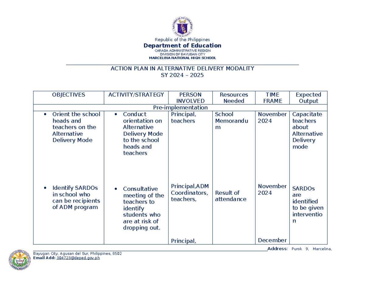 Action Plan for Alternative Delivery Modality (ADM) SY 2024-2025 - Studocu