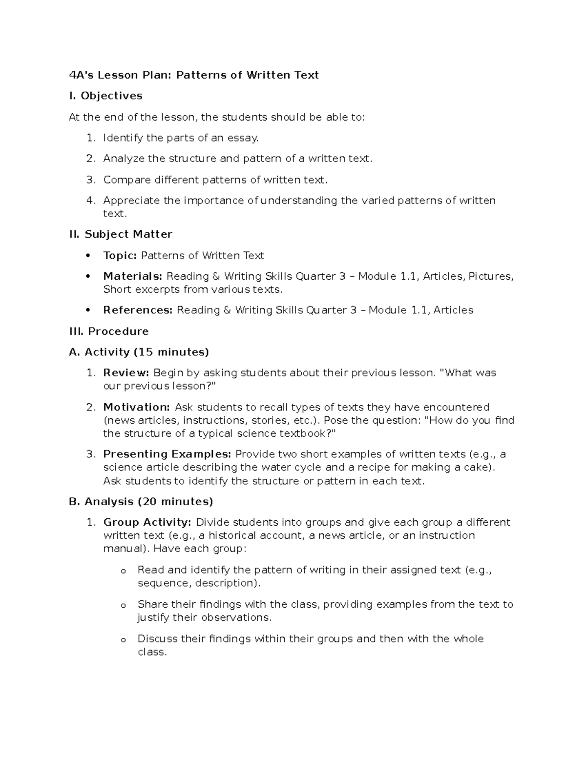 Patterns of Written Text - Essay Parts Lesson Plan (RWS Q3) - Studocu