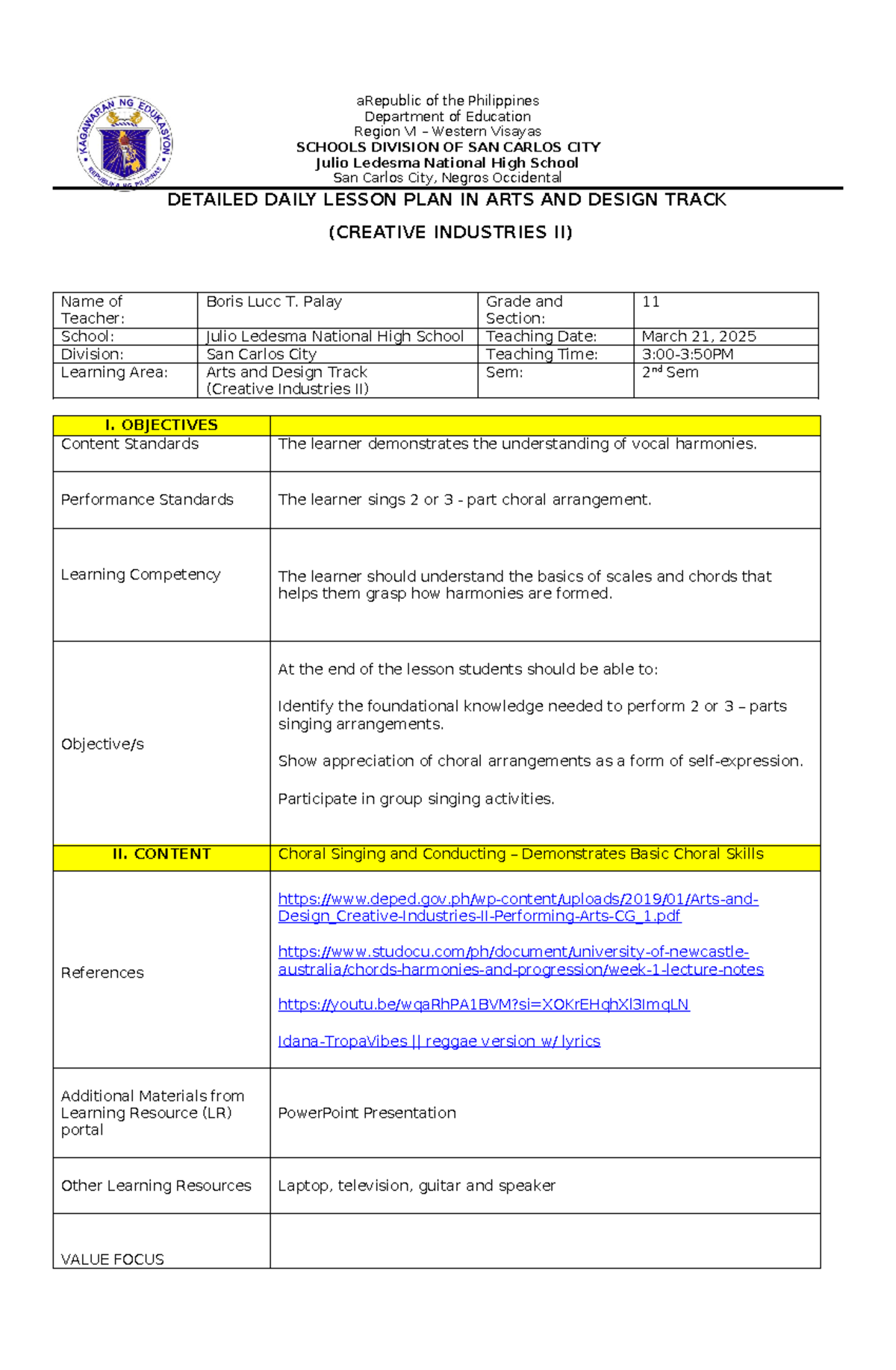 Final Lesson Plan: Choral Singing & Vocal Harmony for SHS (Creative Ind ...