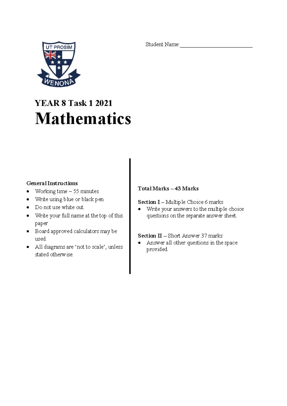 Year 8 Maths (core) Task 1 Term 1 2021 - Student Name ...