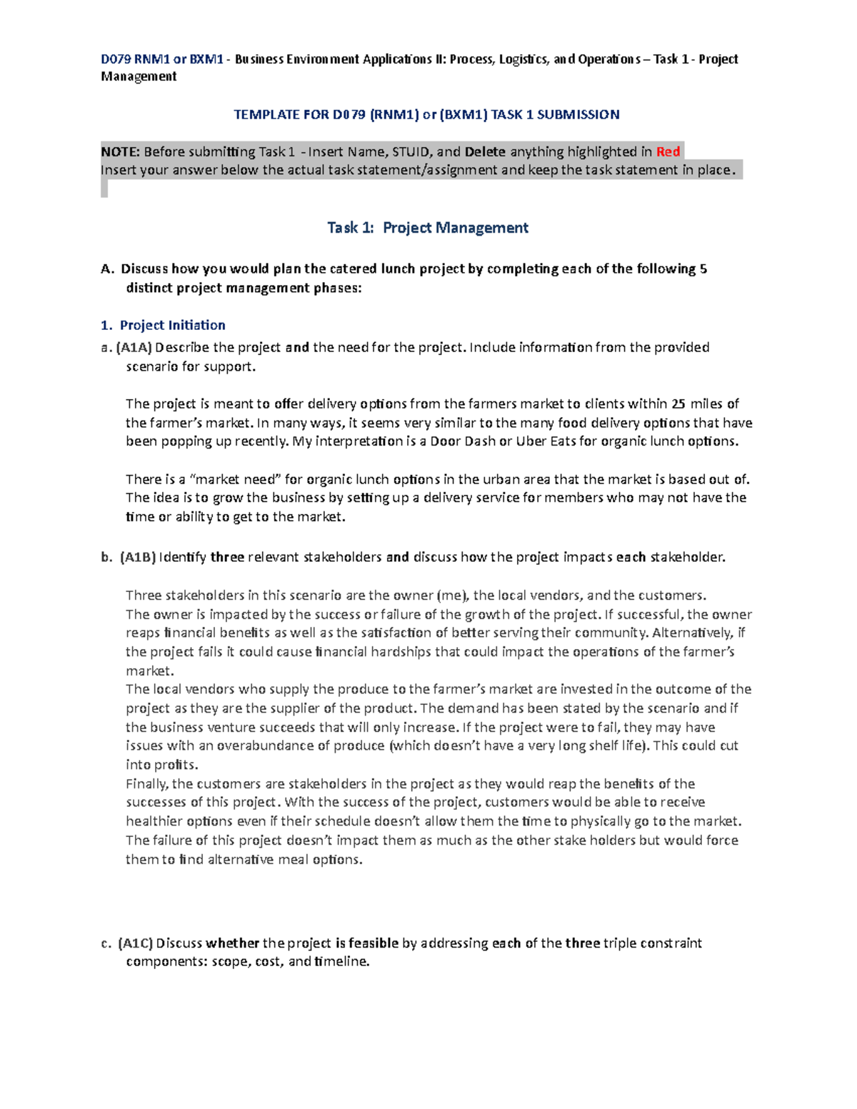 D079 - Task 1 - Task 1 - D079 RNM1 or BXM1 - Business Environment ...