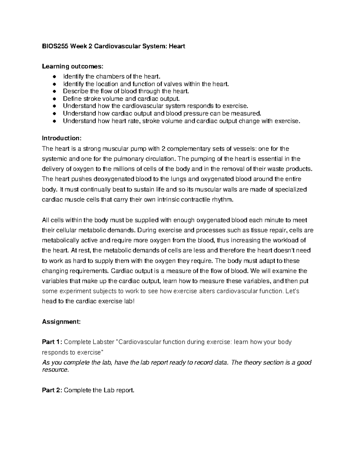 BIOS255 Wk 2 Lab Report: Cardiovascular Responses to Exercise - Studocu