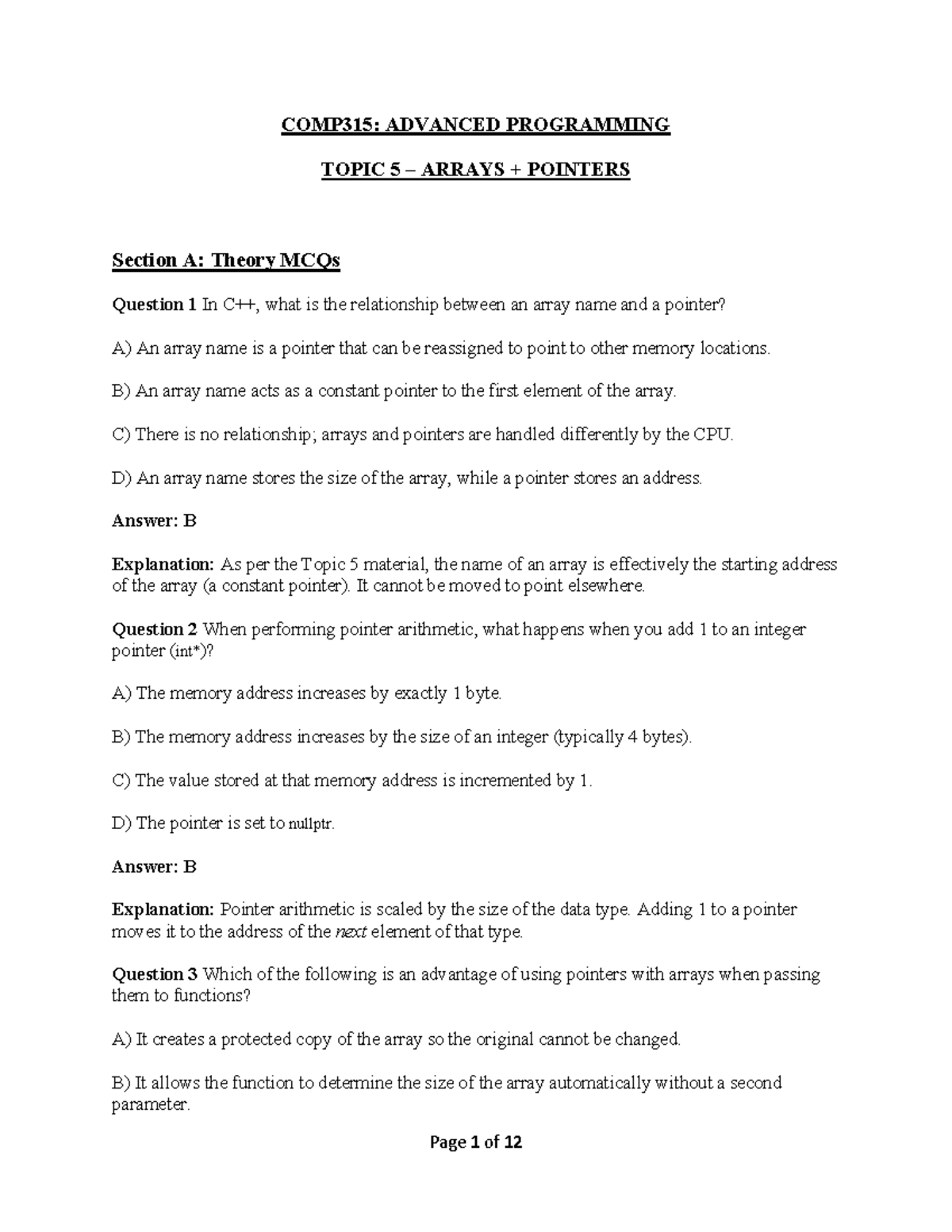 COMP315: Topic 5 - Arrays and Pointers MCQs and Explanations - Studocu