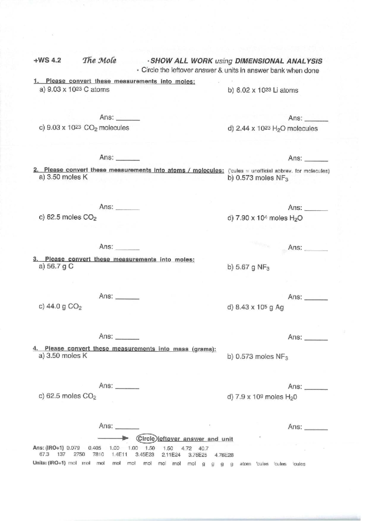 25 Mole Calculations - Worksheet: Dimensional Analysis Practice - Studocu