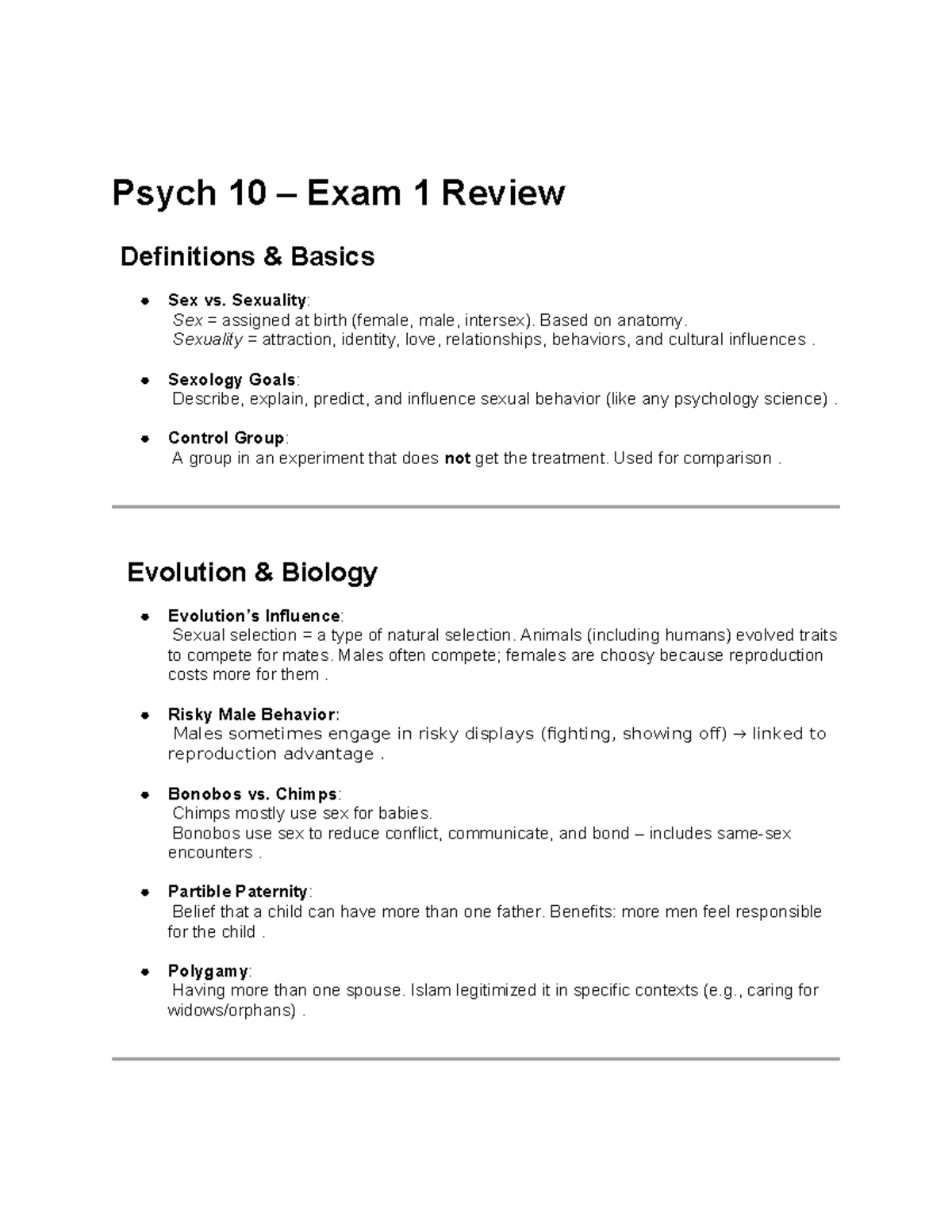 Psych 10 – Exam 1 Review: Key Concepts in Human Sexuality - Studocu