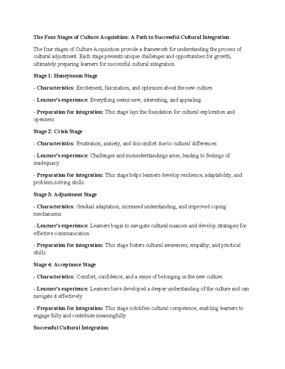 The Four Stages of Culture Acquisition: Path to Cultural Integration ...