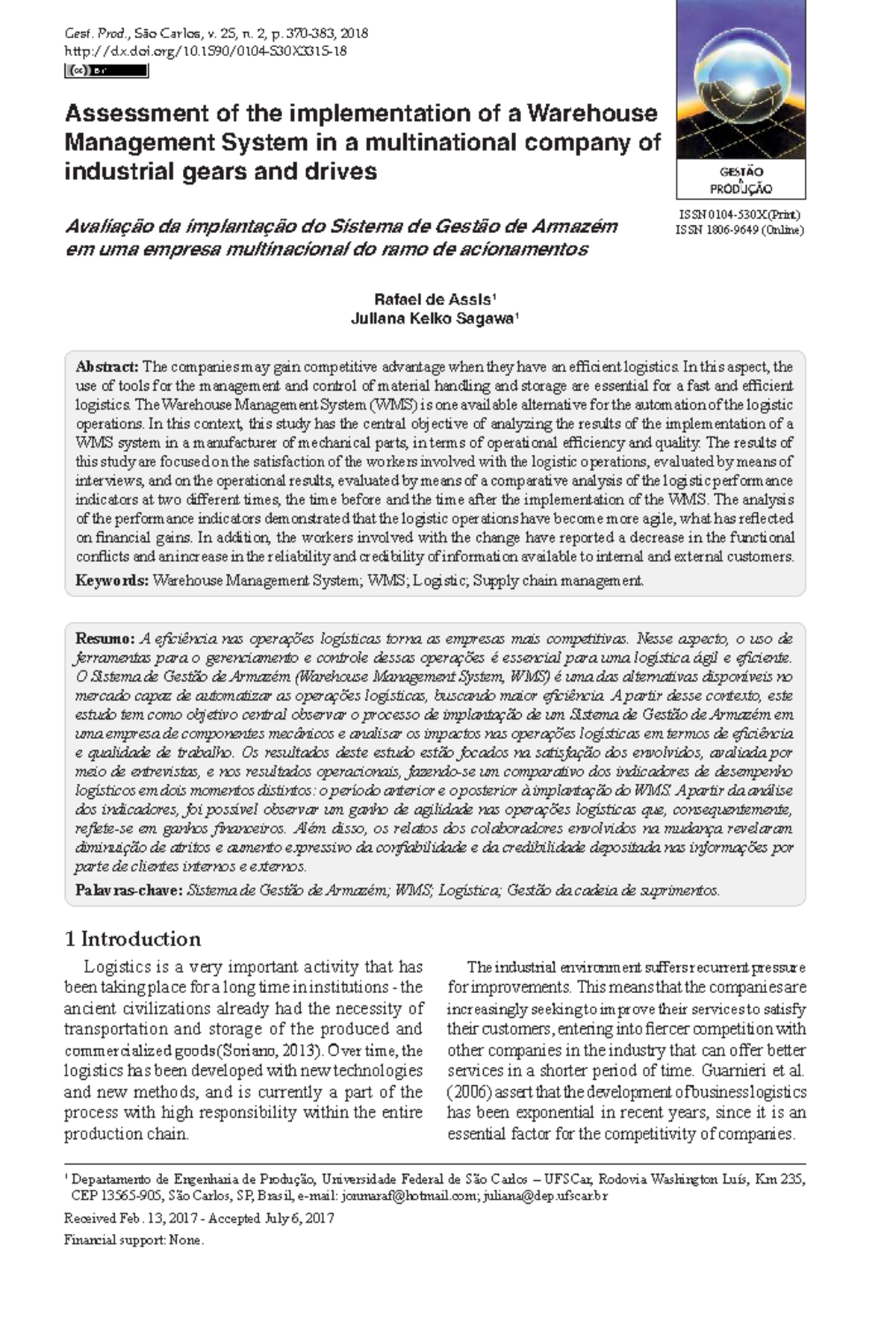 Assessment of WMS Implementation in Supply Chain Management (Gest. Prod ...