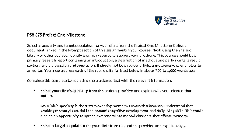 PSY 375 Project One Milestone: Memory Specialty & Target Population ...