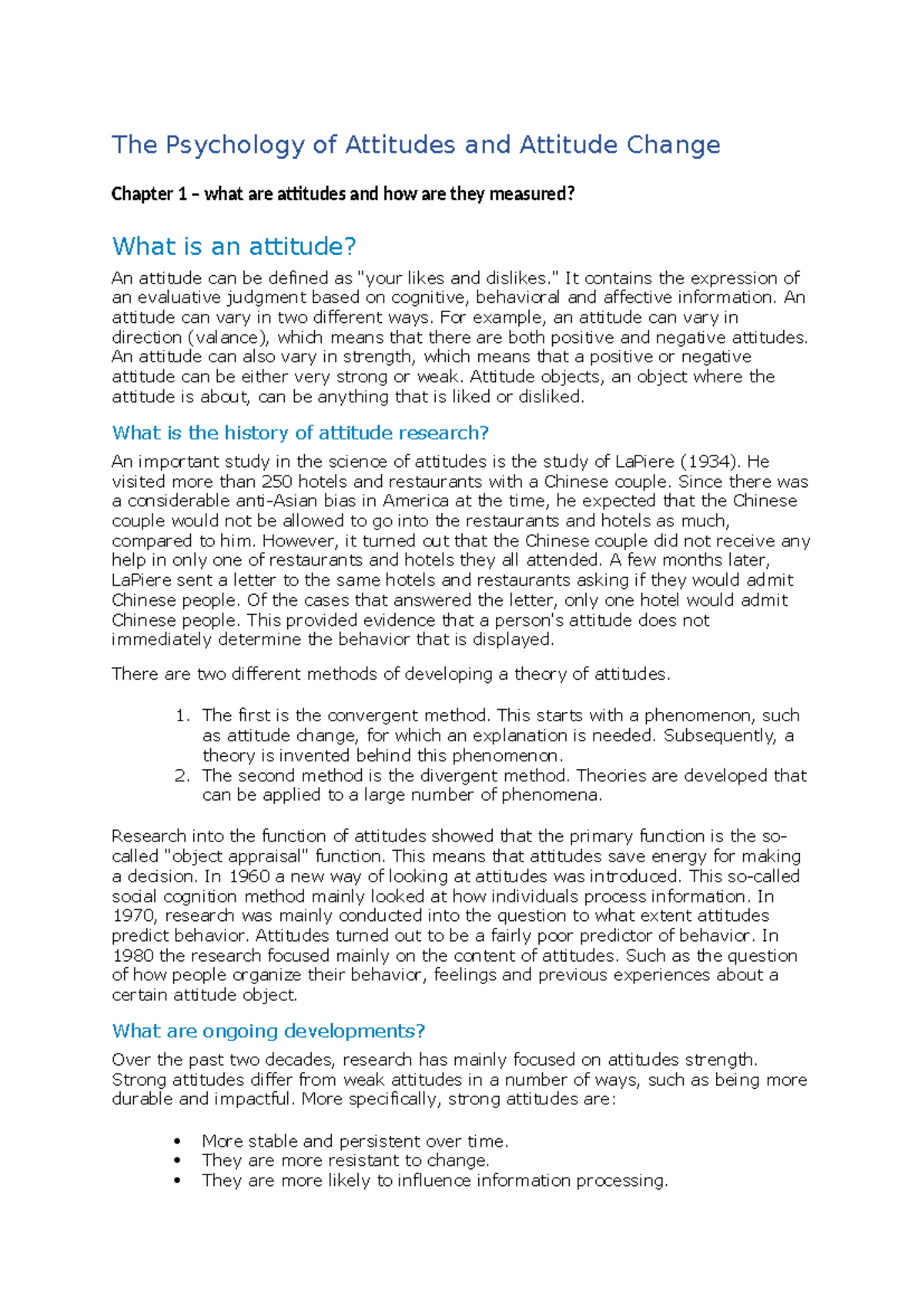 Attitudes and Attitude Change: Summary Chapters 1-4 Analysis - Studeersnel