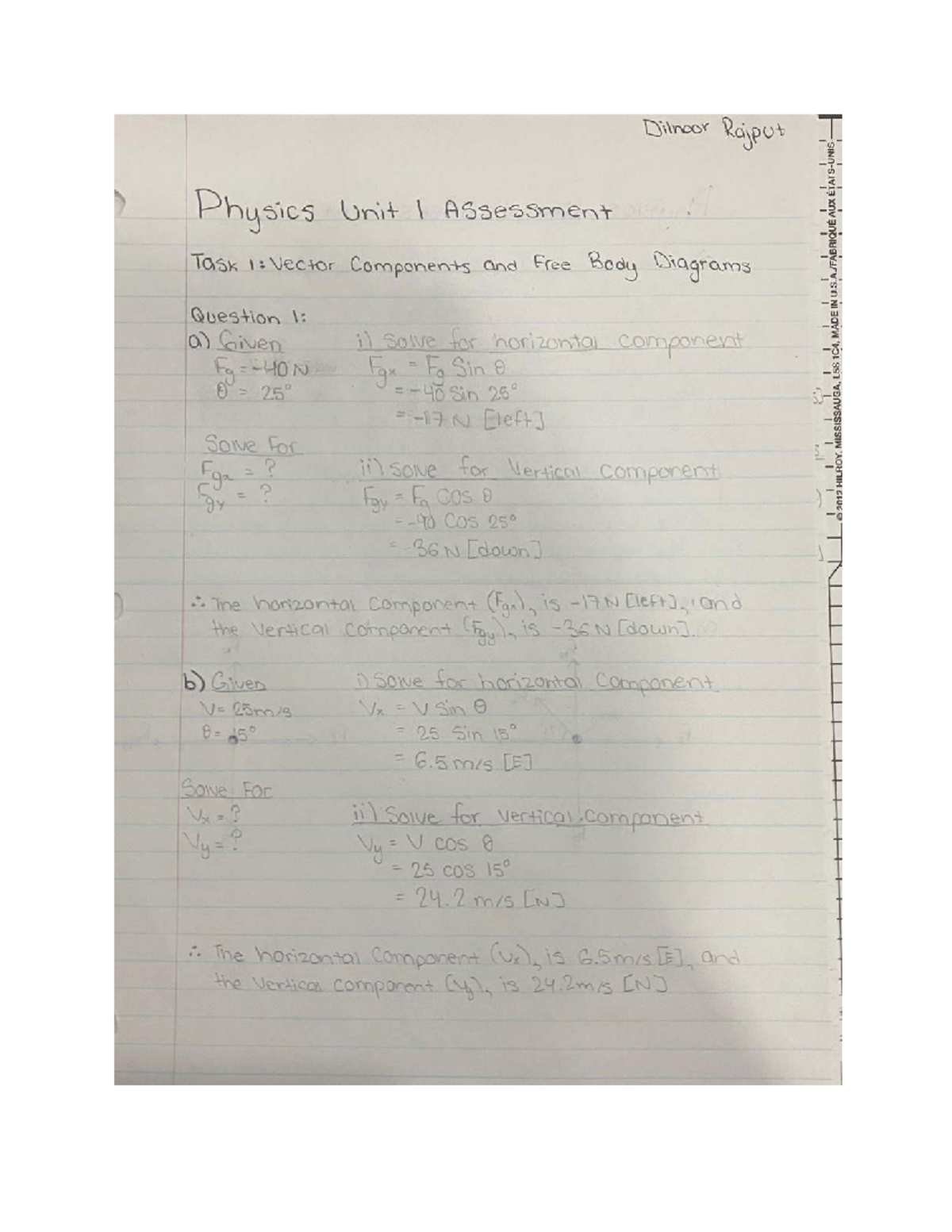 Physics Unit 1 Assessment: Vector Components & Motion Analysis - Studocu
