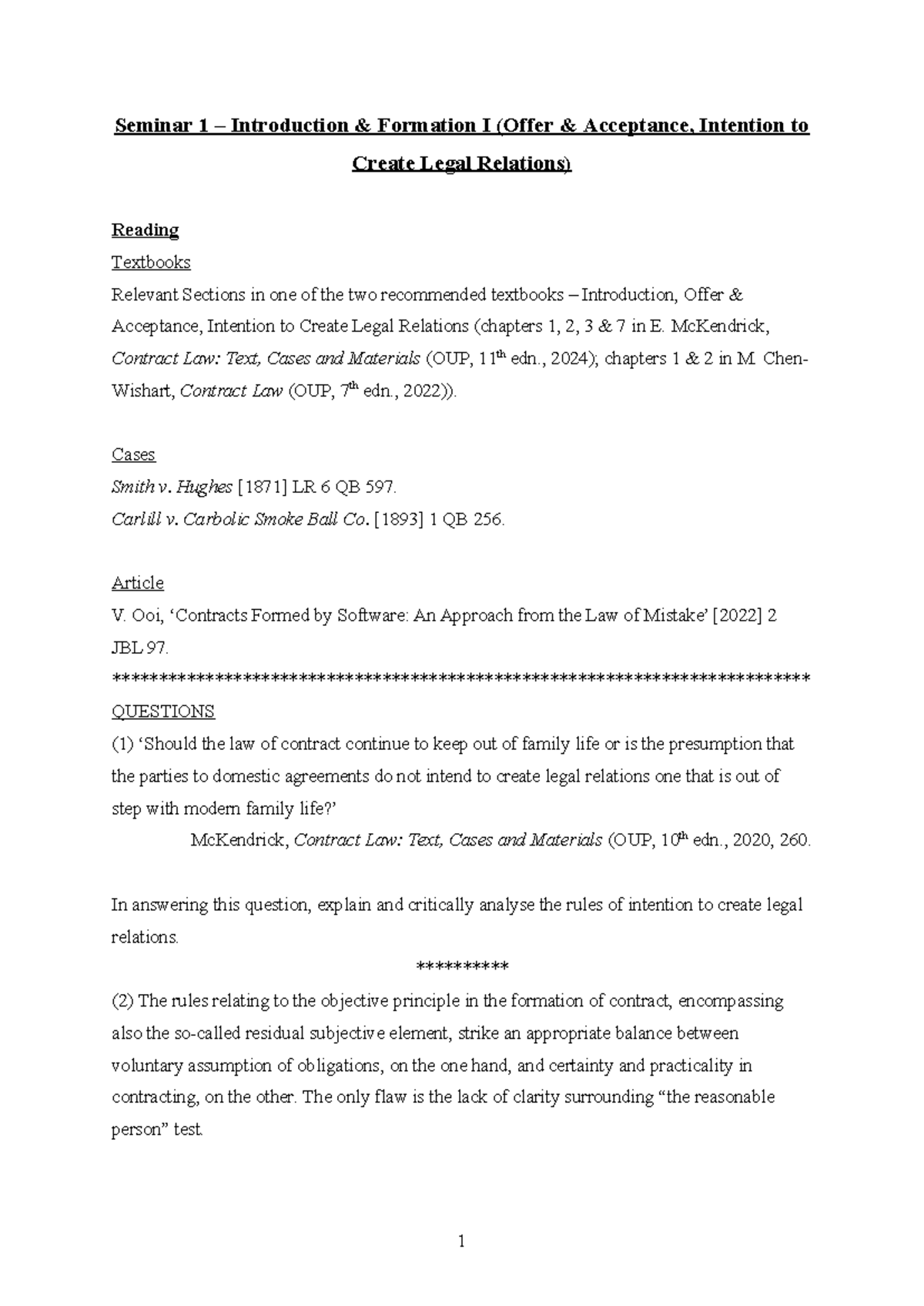 (1) - Introduction, Formation I (Offer & Acceptance, Intention to ...