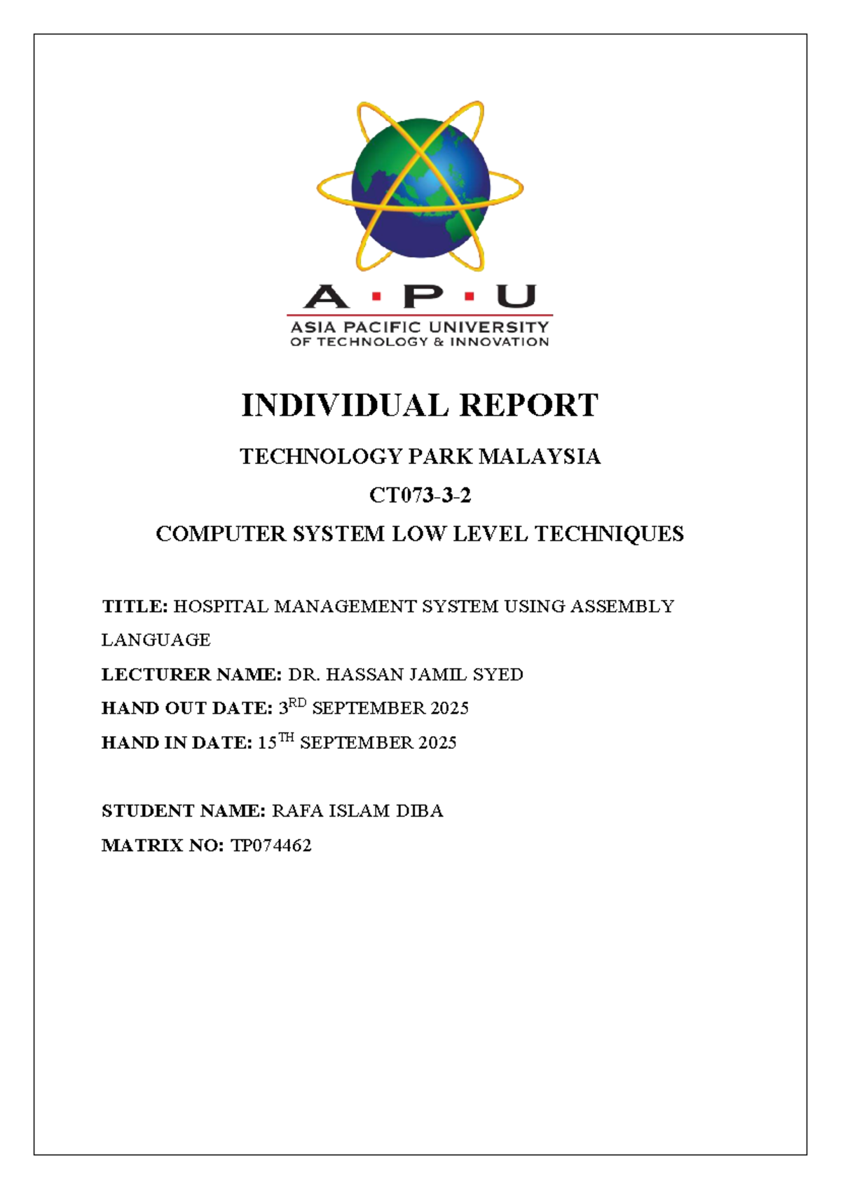 LLT Report: Hospital Management System in Assembly Language (TP074462 ...