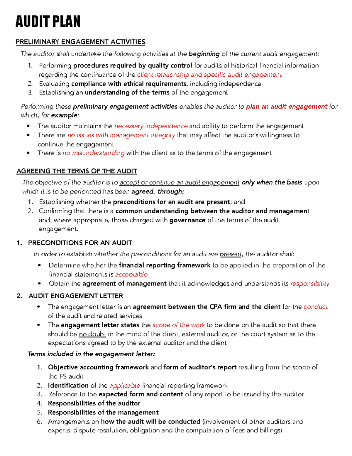 Auditing - Audit PLAN - AUDIT PLAN PRELIMINARY ENGAGEMENT ACTIVITIES ...
