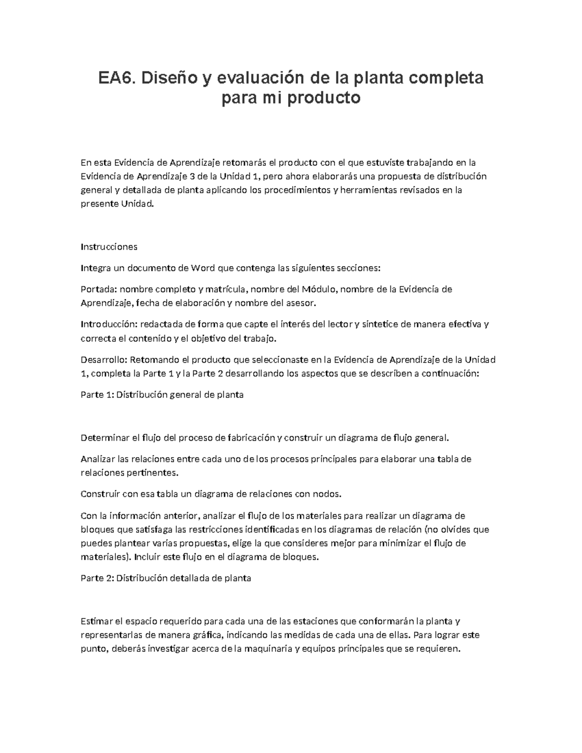 EA6. Diseño y Evaluación de la Planta Completa para Mi Producto - Studocu