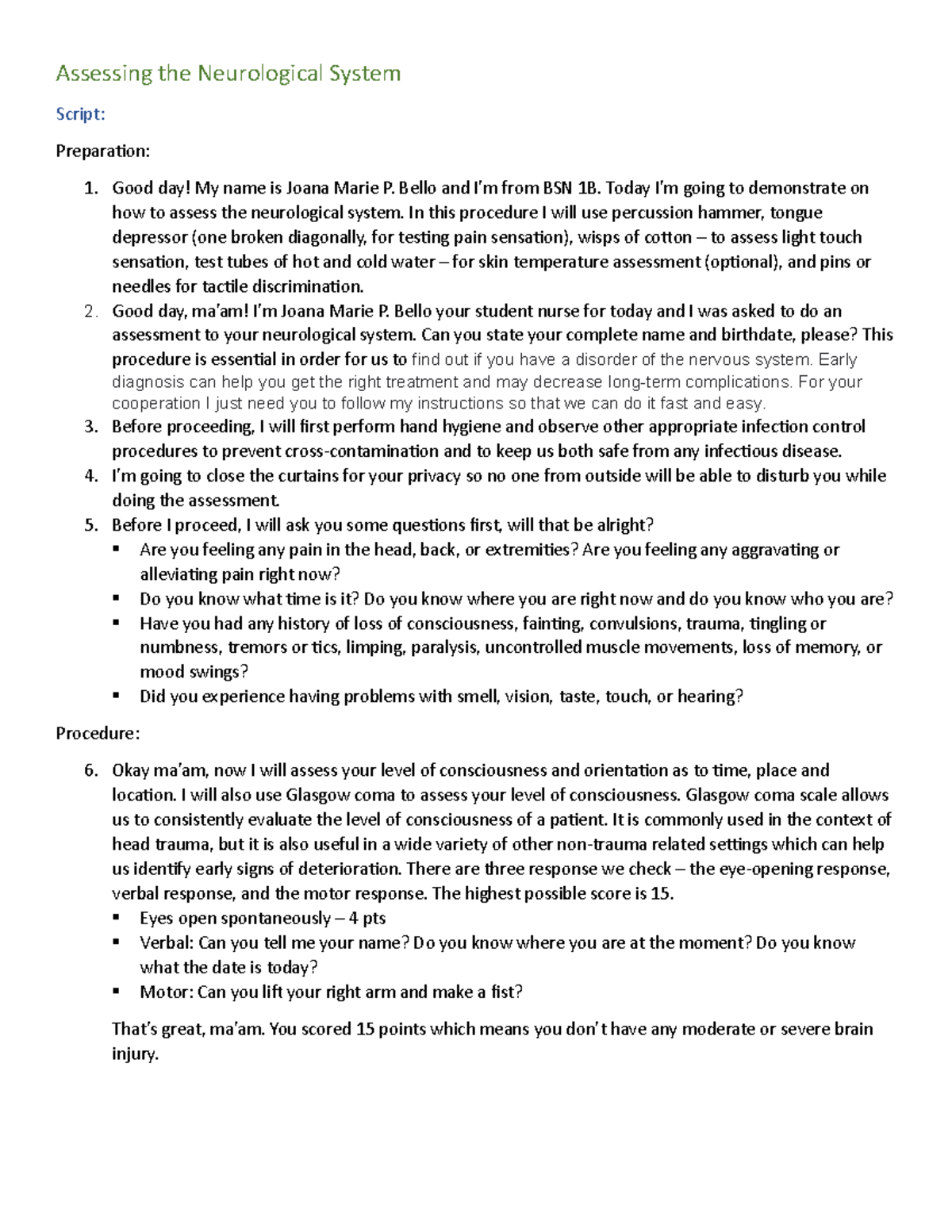 Neurological System Assessment Script for BSN 1B Students - Studocu