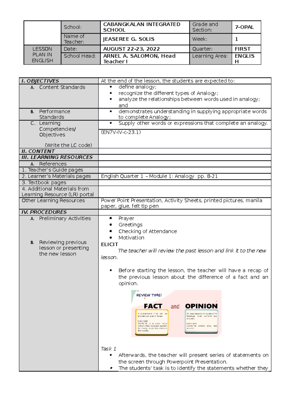 Grade 7 English Lesson Plan: Understanding Analogies (7ES LP) - Studocu