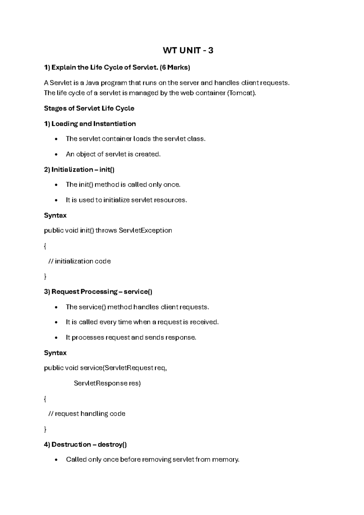 WT UNIT 3 - Servlet Life Cycle, DTDs, AJAX, and Session Management ...