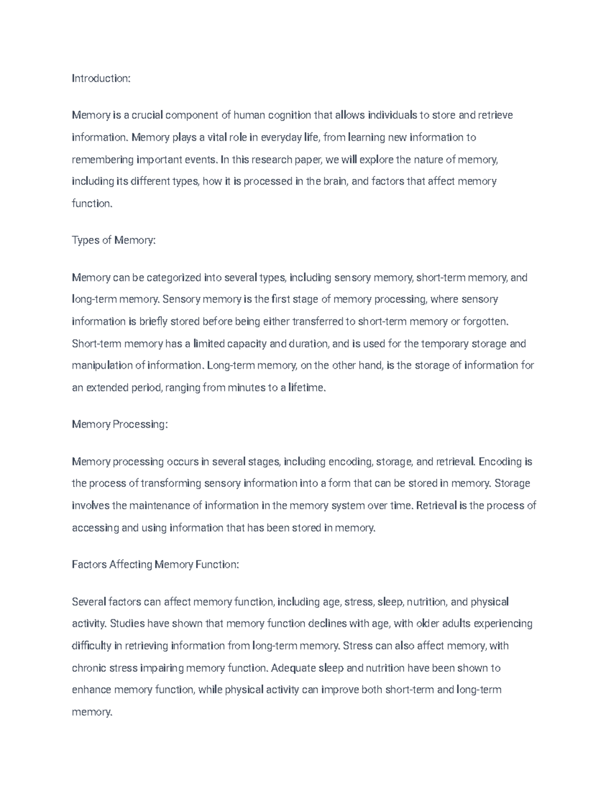 Memory - essay - Introduction: Memory is a crucial component of human ...