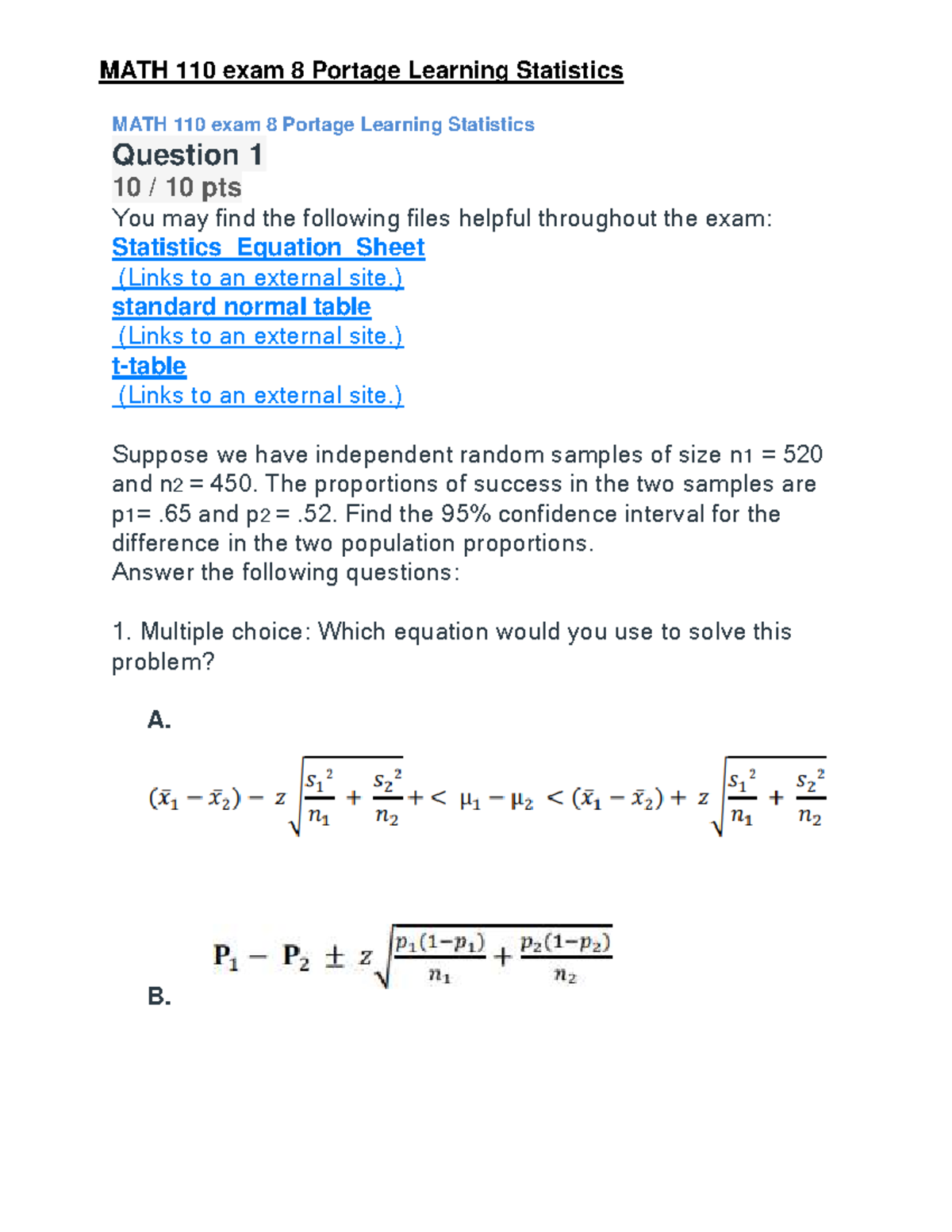 MATH 110 Final Exam 8: Confidence Intervals & Hypothesis Testing - Studocu