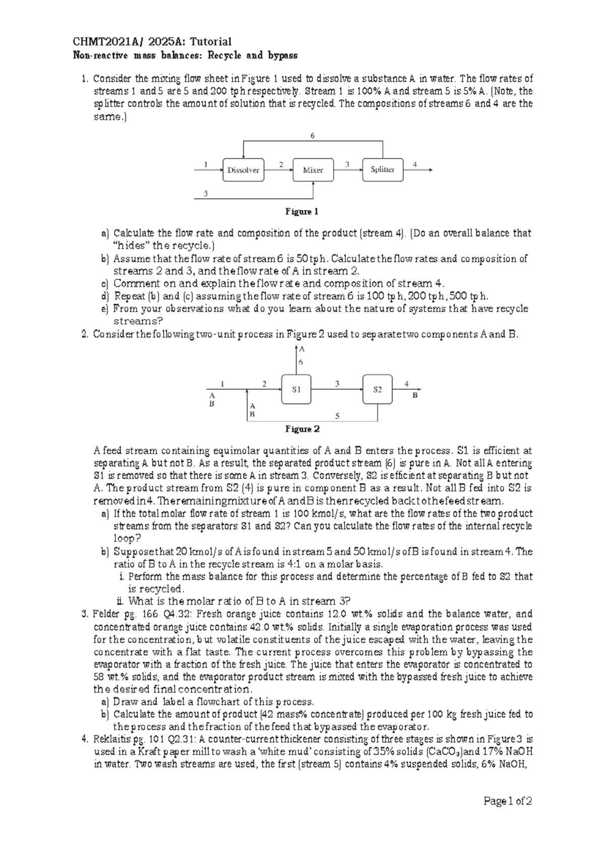 CHMT 2021A 2025A Tut 2B 2021 Topic 2 Non reactive balance Recycle and ...