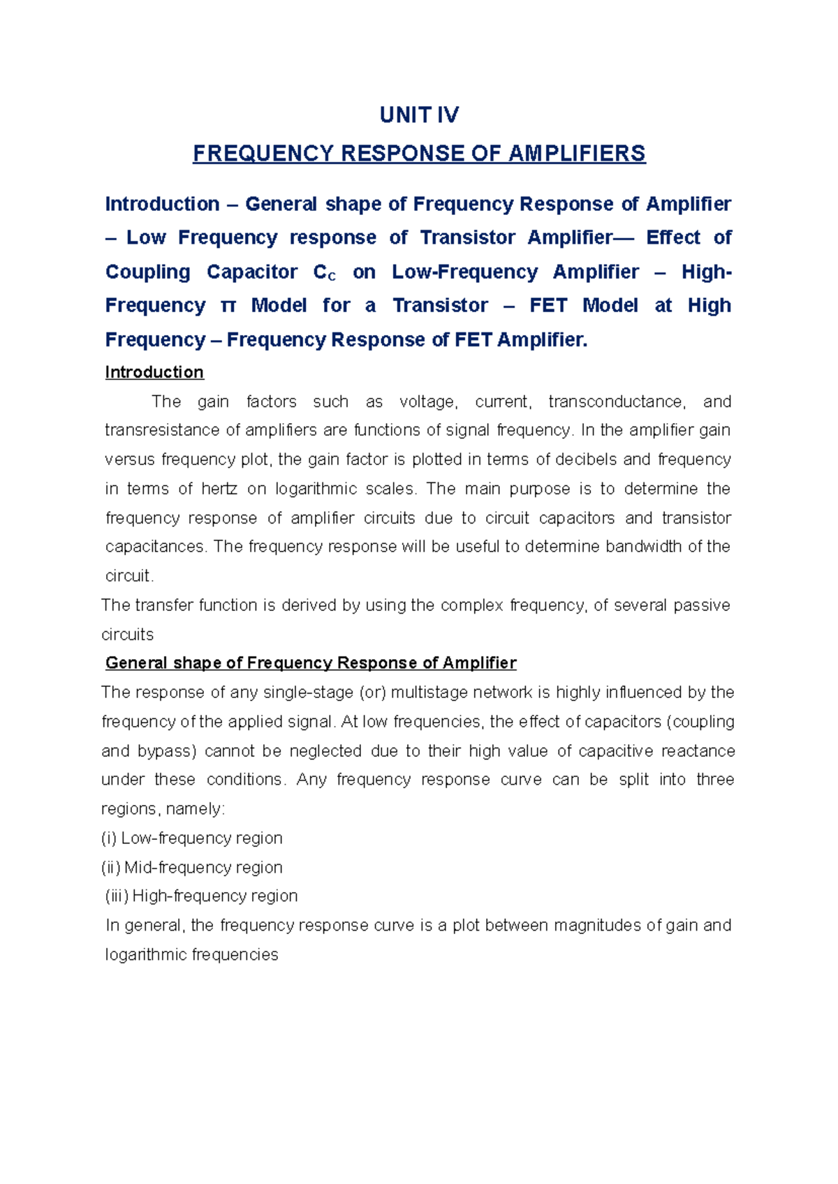 Electronic Circuits Unit IV: Frequency Response of Amplifiers - Studocu
