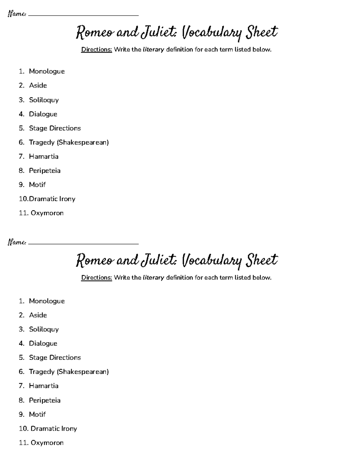 Romeo + Juliet Vocabulary - Name: _______________________________ Romeo ...