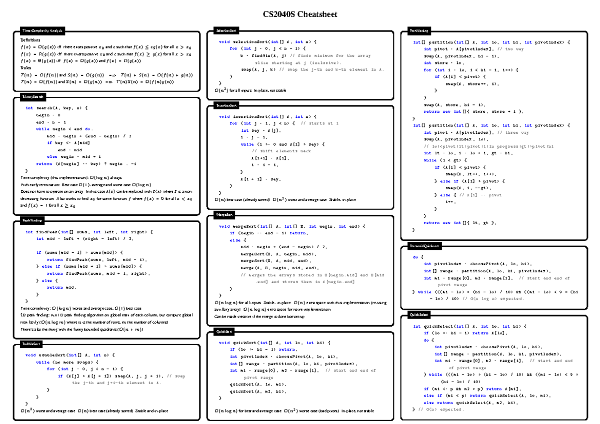 CS2040S Cheatsheet: Time Complexity & Sorting Algorithms Analysis - Studocu