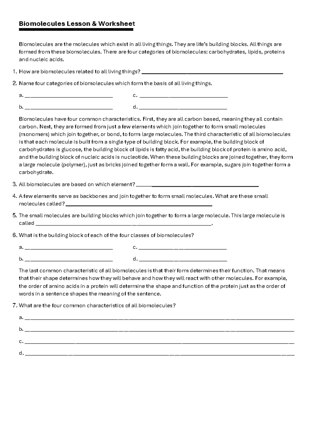 Biomolecules Lesson Notes (BIO101) - Studocu