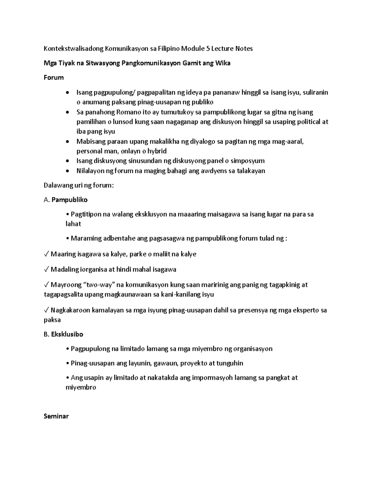 Lecture Notes on Mga Tiyak na Sitwasyong Pangkomunikasyon Gamit ang ...