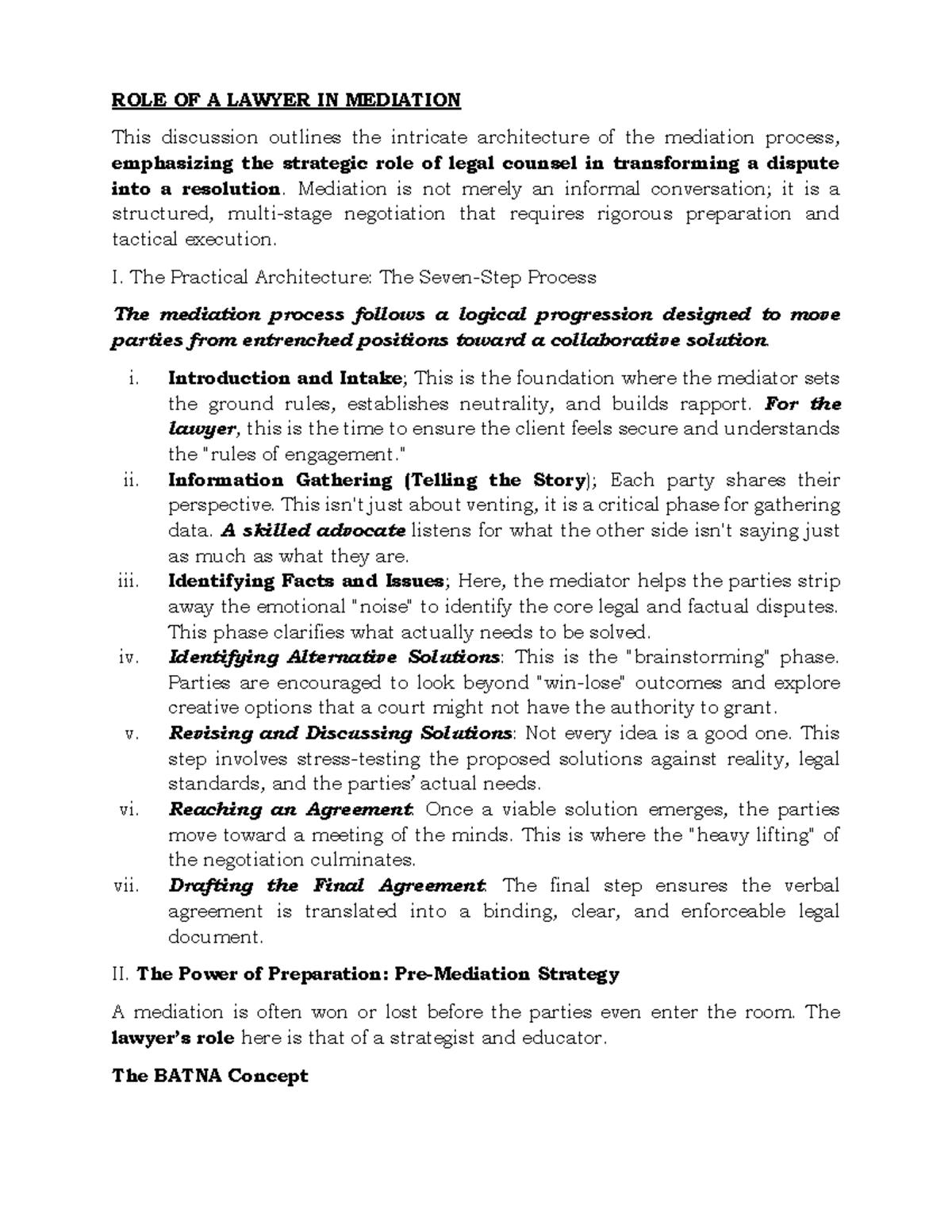 ADR- Lawyer's Role in Mediation Process and Strategy - Studocu