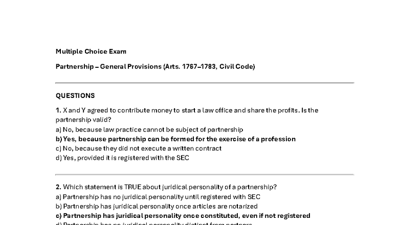 Partnership Quiz: Multiple Choice Questions on General Provisions and ...