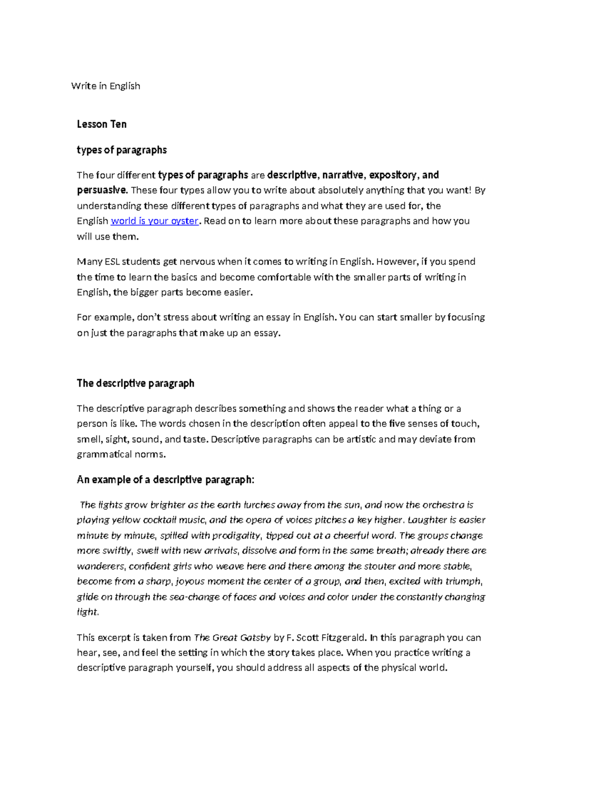 Lesson 10: Types of Paragraphs in English Writing - Studocu
