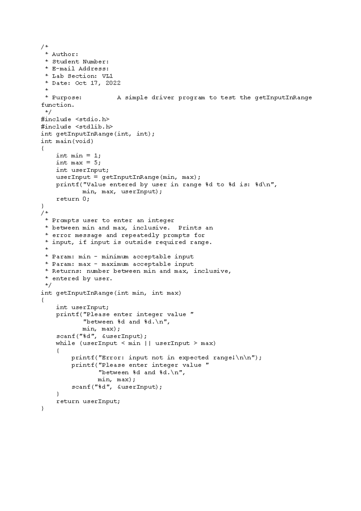 APSC 160 LAB Input Range Validation Program Code - Studocu