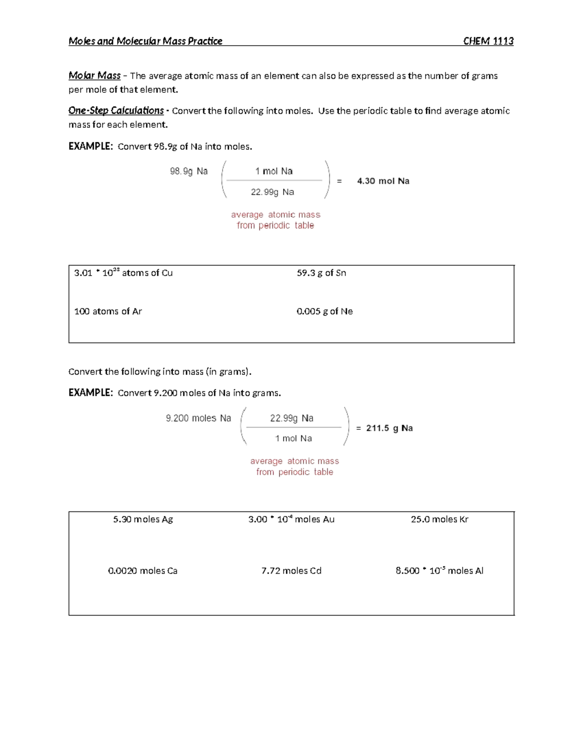Moles and Molecular Mass Practice Problems - CHEM 1113 - Studocu