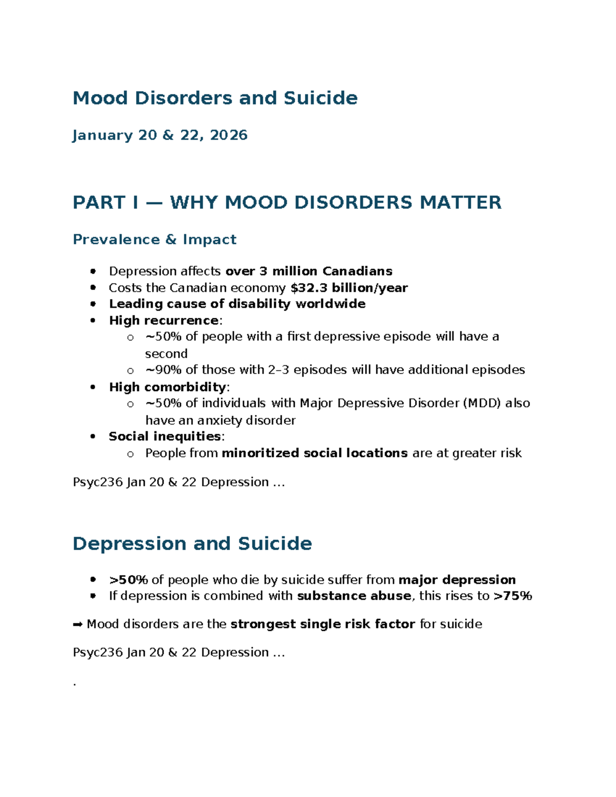 PSYC236 Week 3 Notes: Mood Disorders, Depression, and Suicide - Studocu