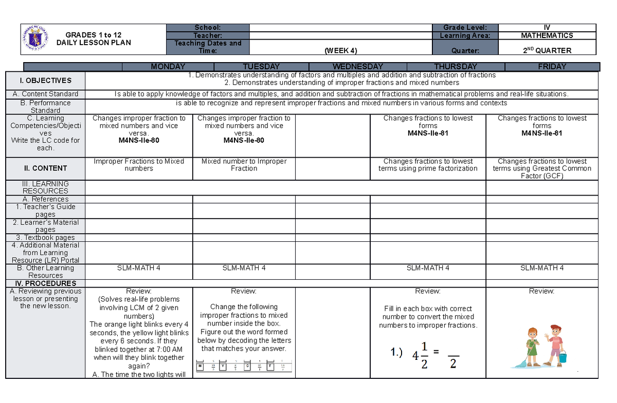 DLP MATH 4 W4 - Daily Lesson Plan for Grade IV Mathematics - Studocu