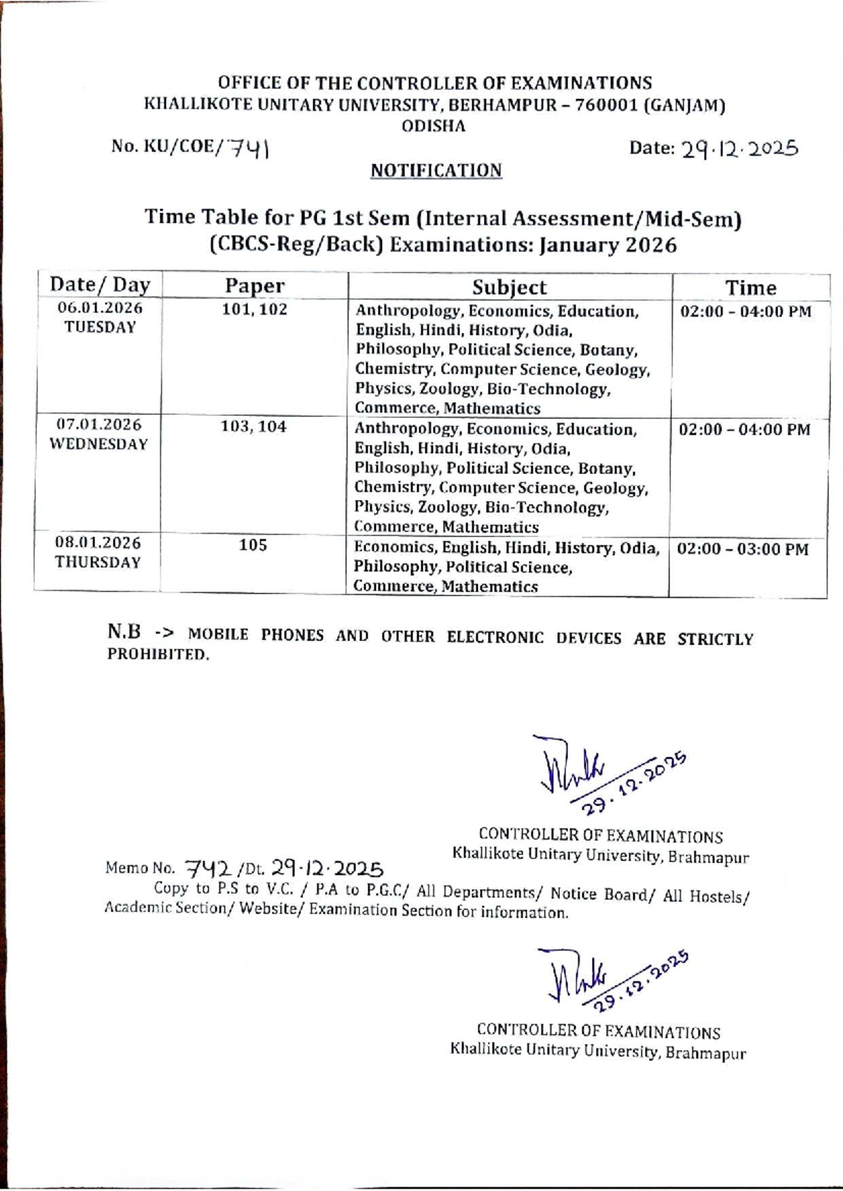 PG 1st Sem Jan 2026 - Internal Exam Time Table - Studocu