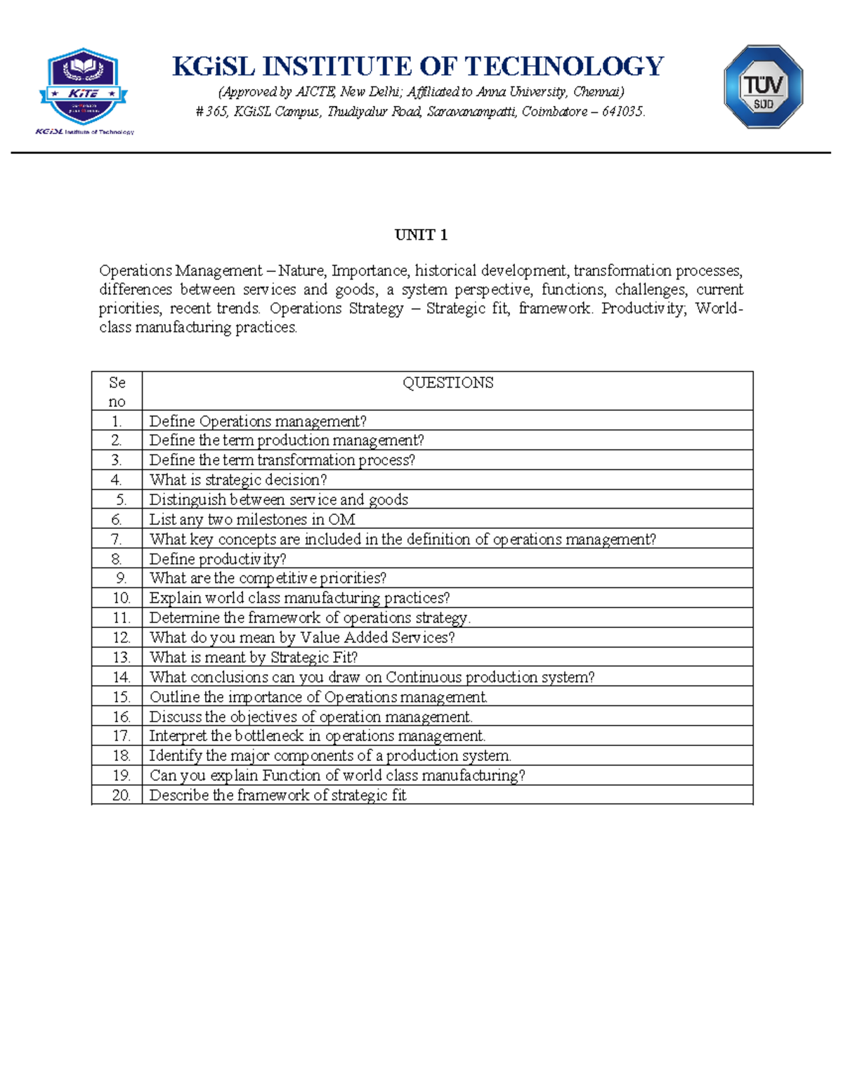 Question Bank for Operations Management (OM-101) - Key Concepts ...