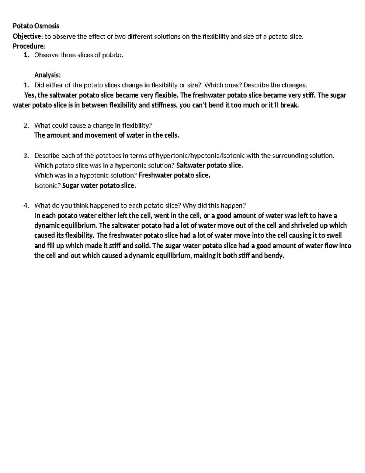 BIOL 101: Potato Osmosis Experiment Analysis and Observations - Studocu