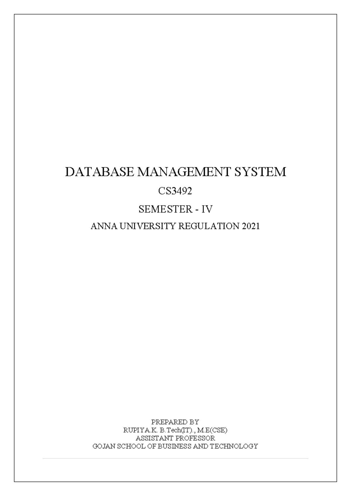 DATABASE MANAGEMENT SYSTEM CS3492 SEM IV: Big Data & Distributed ...