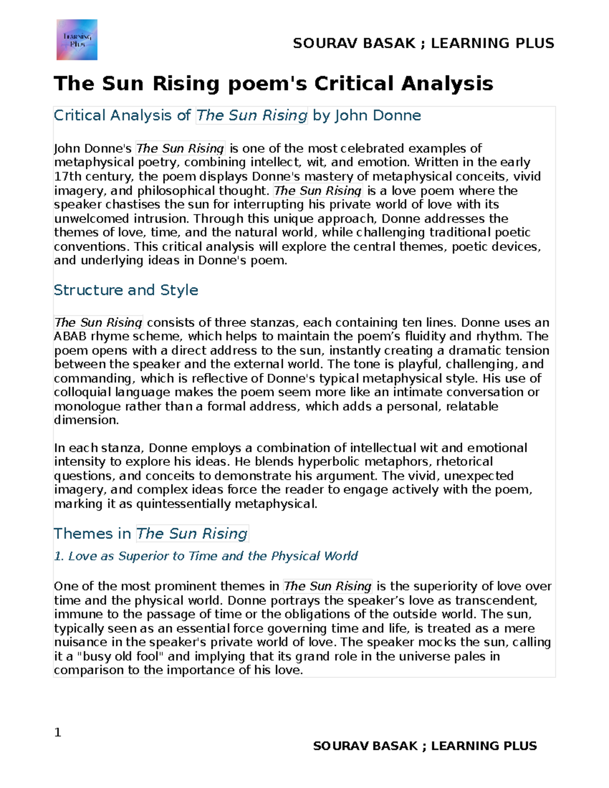 The Sun Rising poem's Critical Analysis - The Sun Rising poem's ...