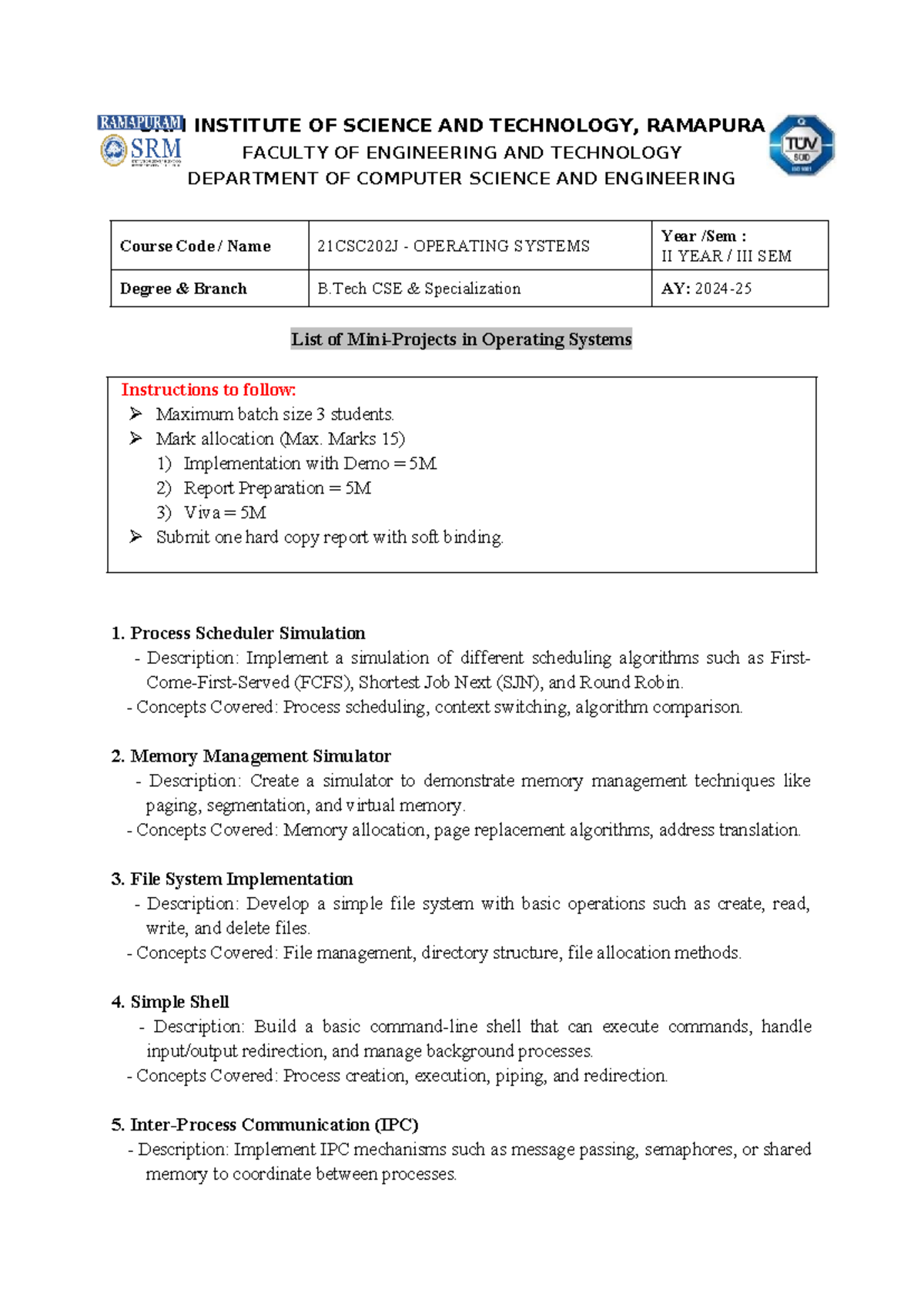 Mini-Projects List for OS (21CSC202J) - II Year III Sem - Studocu