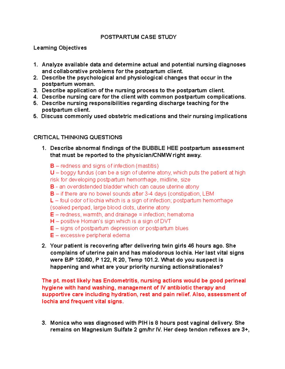 Postpartum Case Study - POSTPARTUM CASE STUDY Learning Objectives ...
