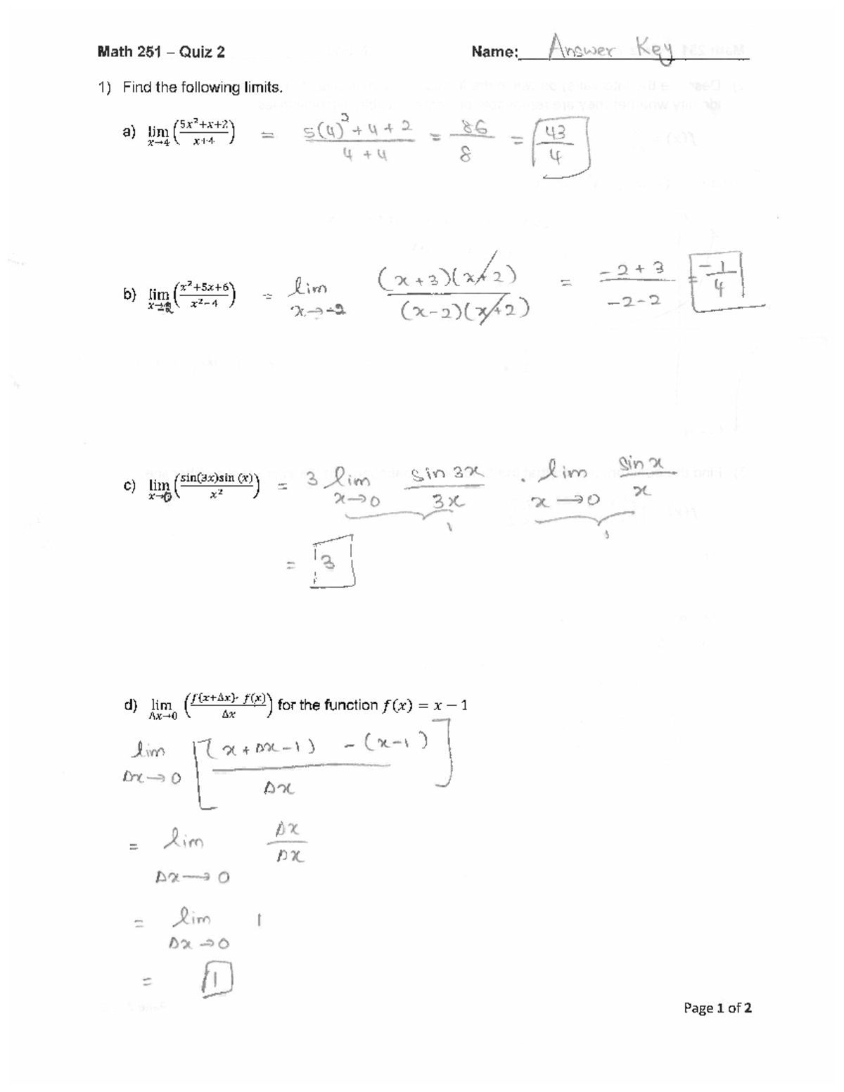 Quiz 2 Answer Key - Math 251 Quiz 2 Name: Answer Key 1) Find the ...