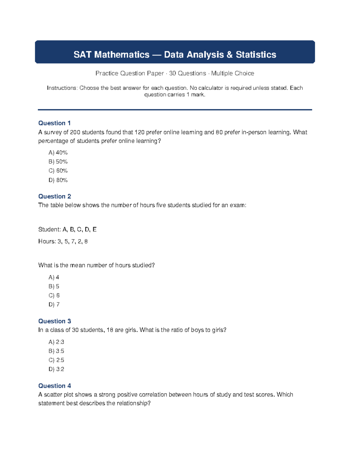SAT Math (Data Analysis) Practice Questions - 30 MCQs - Studocu